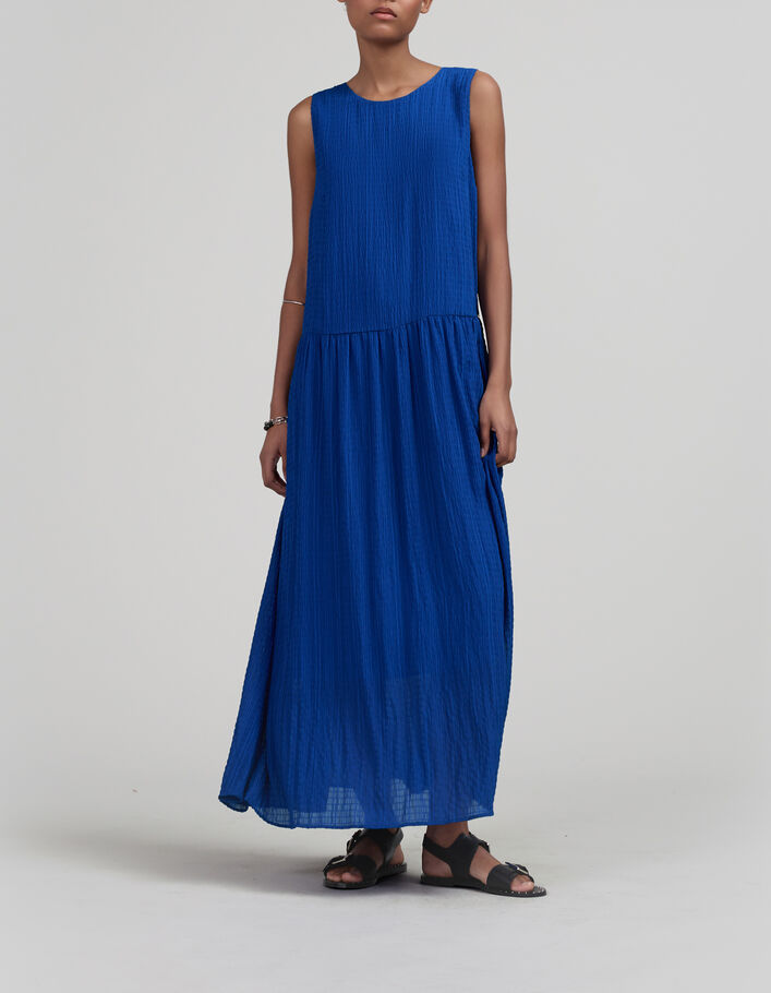 Robe longue cobalt recyclé tissu gaufré Femme