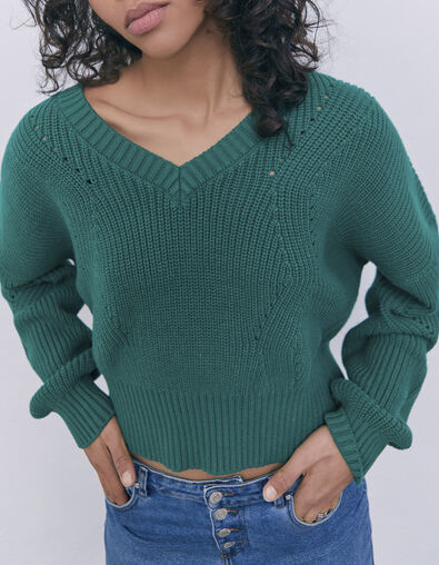 Pull vert encolure V tricot fantaisie Femme