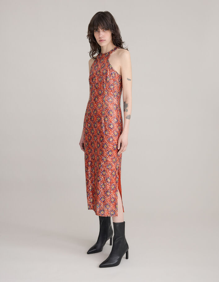 Robe midi melon imprimé arabesque brodée sequins Femme IKKS