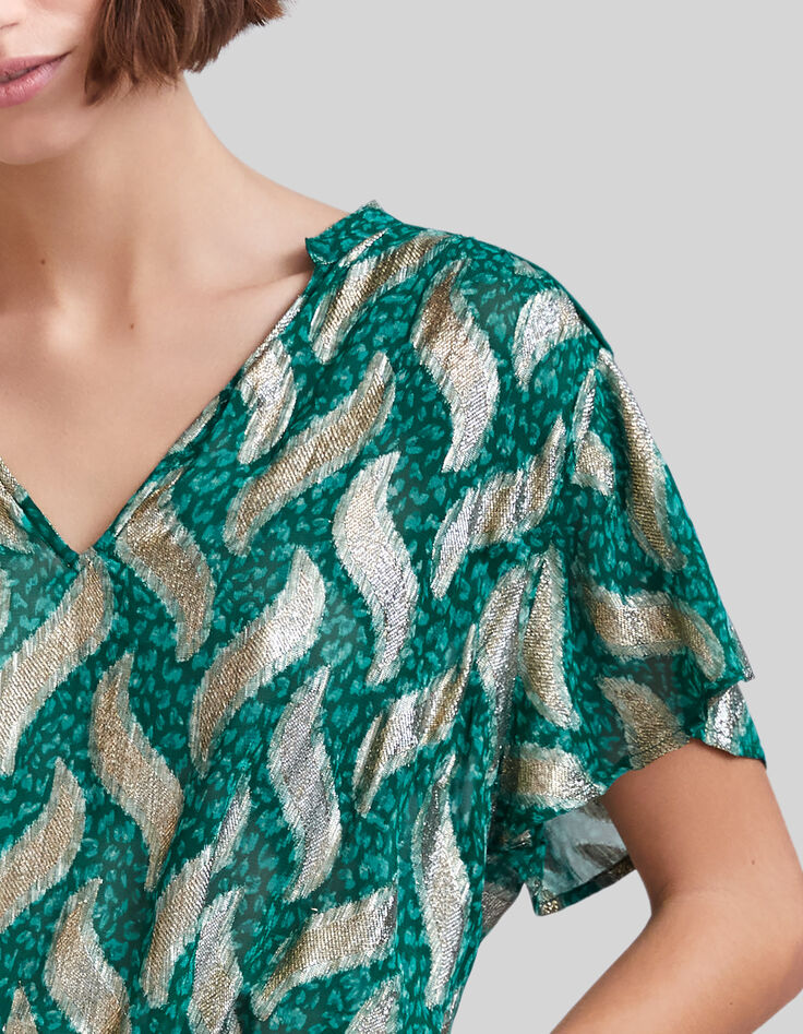 Women’s emerald top with gold leaf print