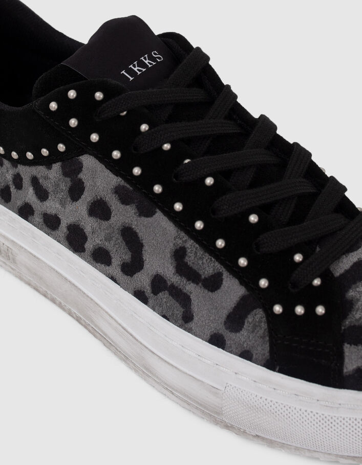 Women’s black leopard motif suede studded trainers