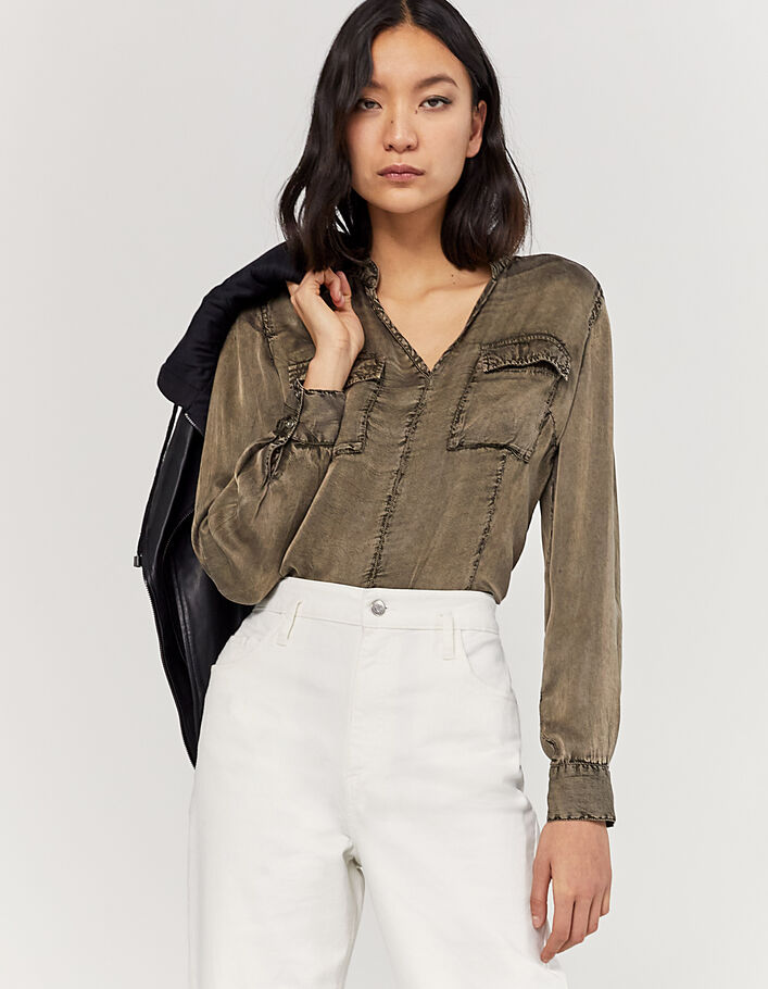 Kaki blouse in cupro, acid wash behandeling dames