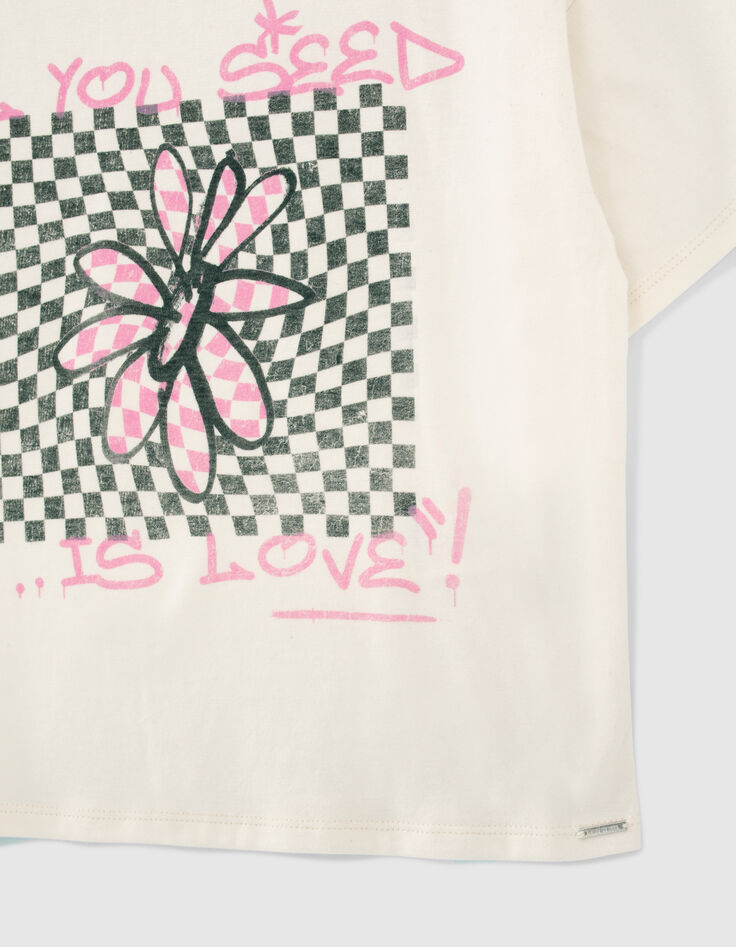 Girls’ ecru flower and checkerboard organic cotton T-shirt IKKS