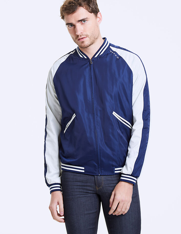 Men’s two-tone baseball jacket, embroidered back