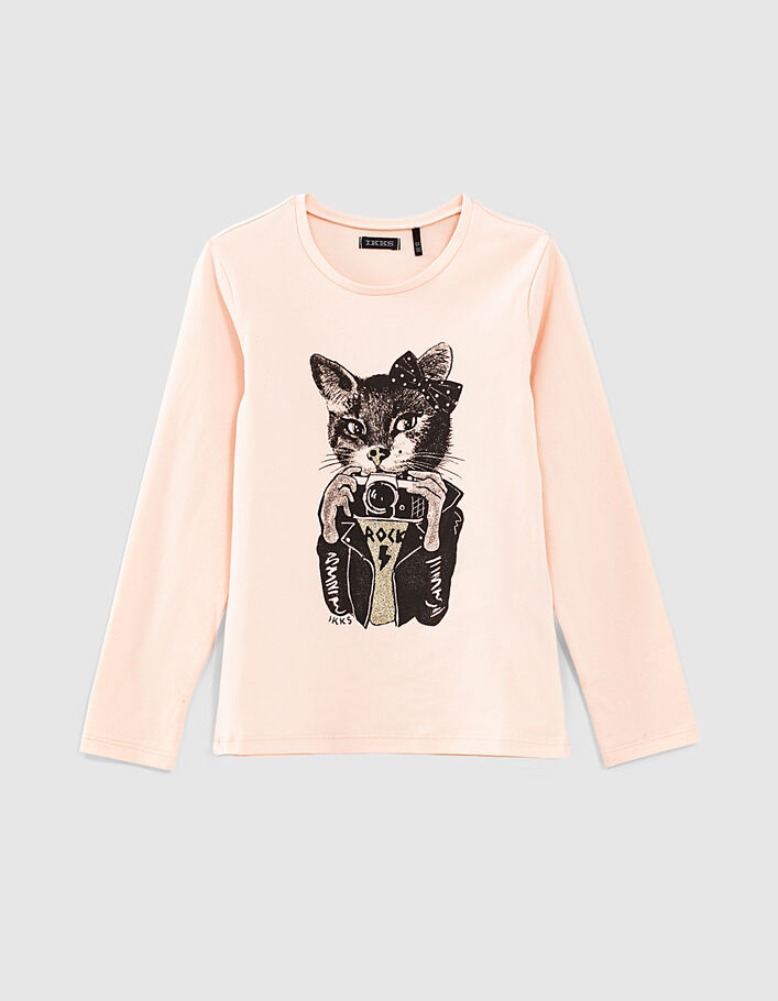 Girls' pink cat-photographer image T-shirt