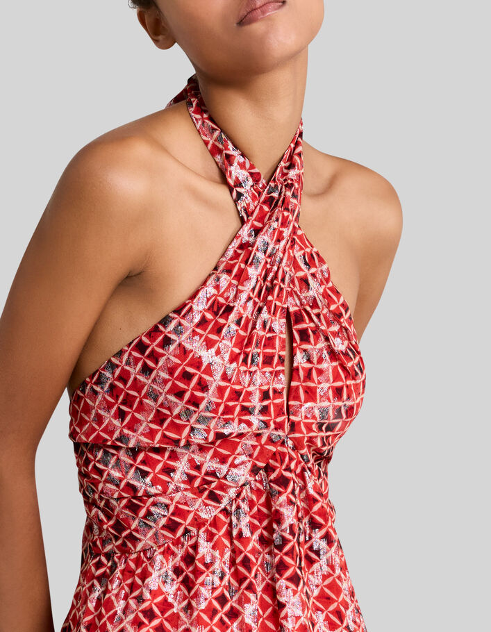 Women’s poppy red backless top with check print