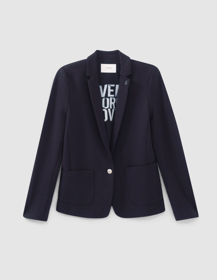 Women’s navy suit jacket with striped collar and sleeves