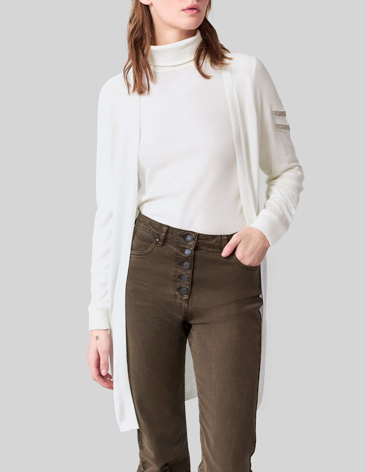 Women’s ecru mid-length cardigan, embroidered chevrons