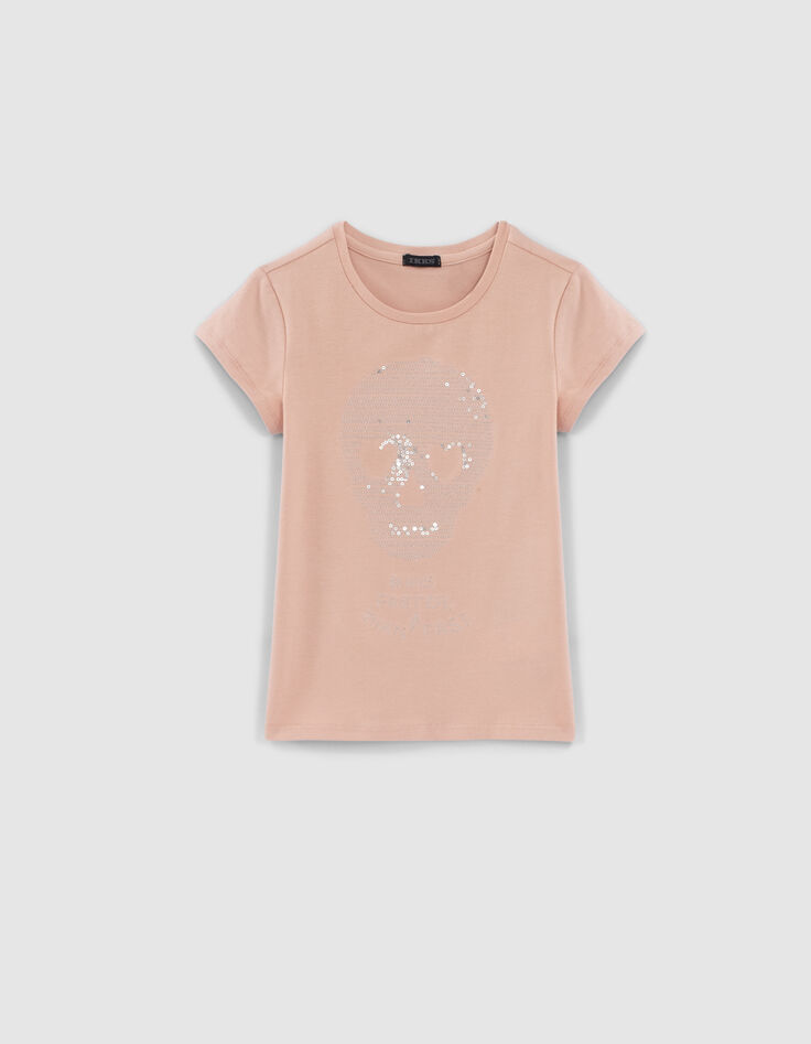 Girls’ pink T-shirt with sequin embroidered skull IKKS