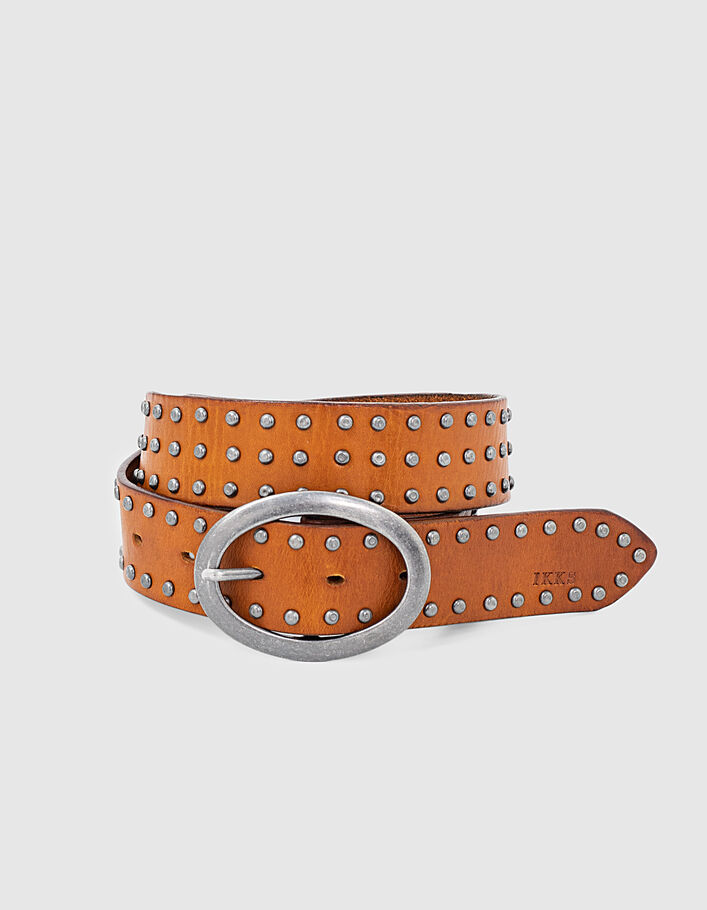 Women’s camel leather belt with metal buckle and studs