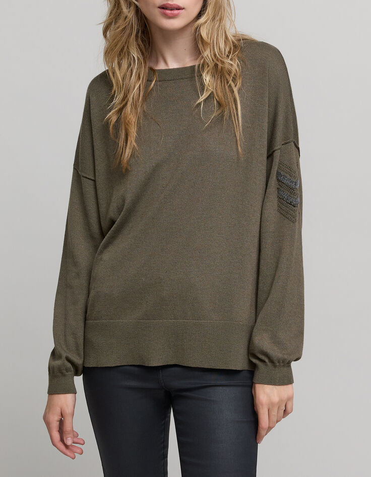 Jersey caqui cuello barco espiga joya juego puntadas mujer