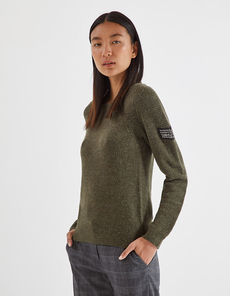 Jersey caqui de punto esponjoso joya espiga mujer