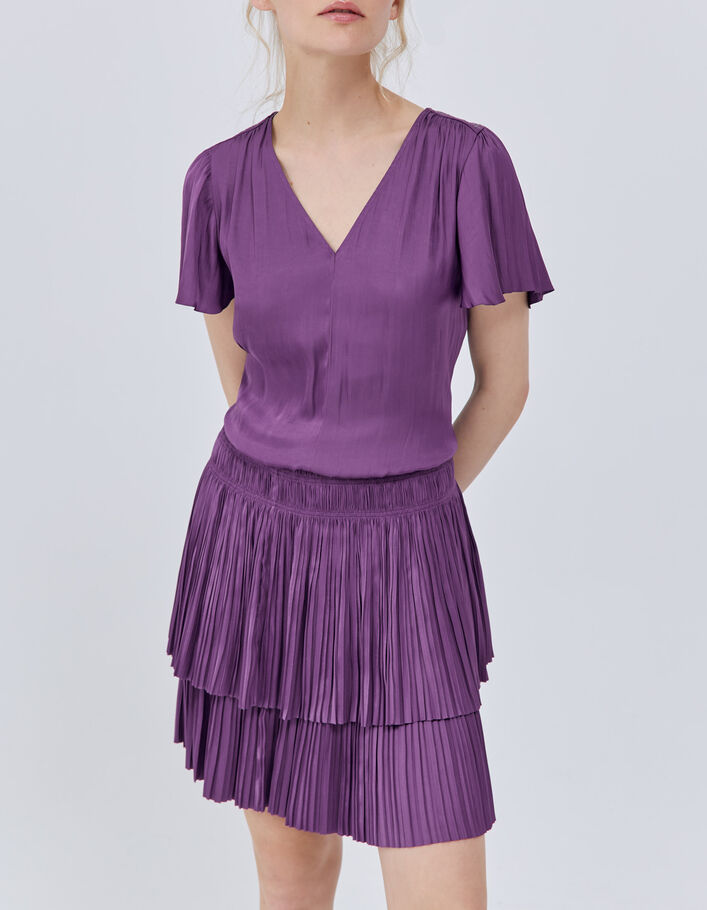 Robe courte violet à volants micro-plissée Femme