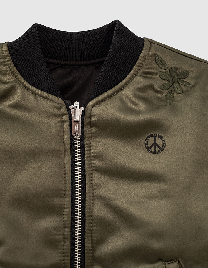 Girls’ embroidered khaki/black reversible bomber jacket