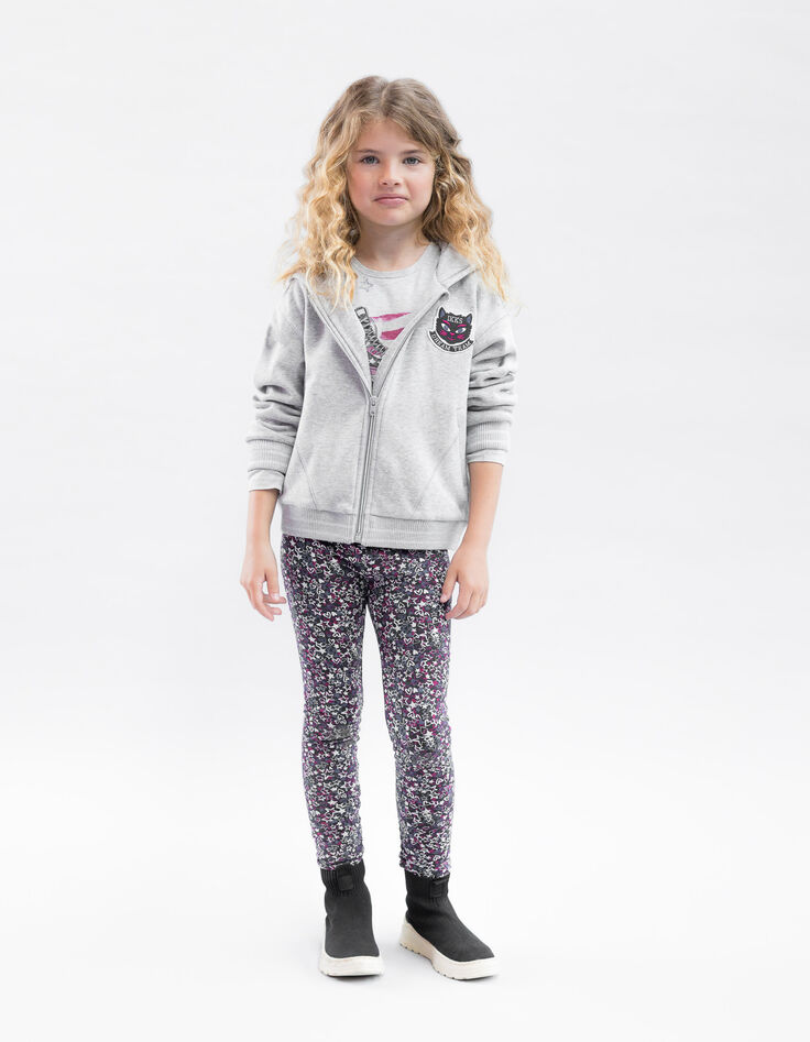 Girls’ grey zipped hooded cardigan with cat badge IKKS