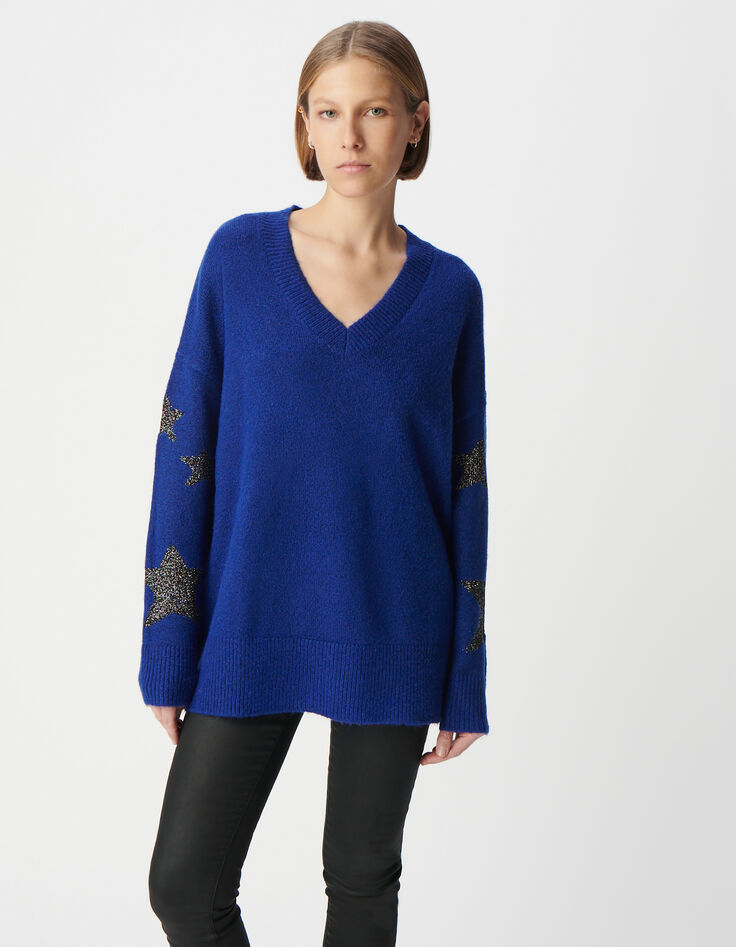 Pull bleu électrique tricot motif étoiles Femme