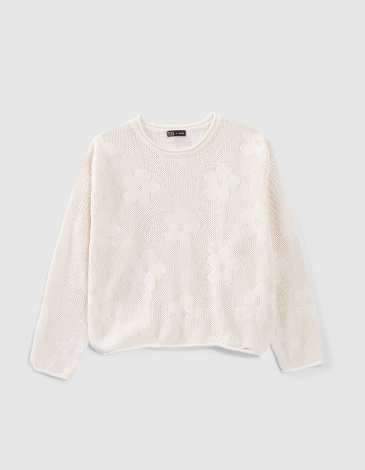 Girls’ ecru openwork knit sweater with flower motif IKKS