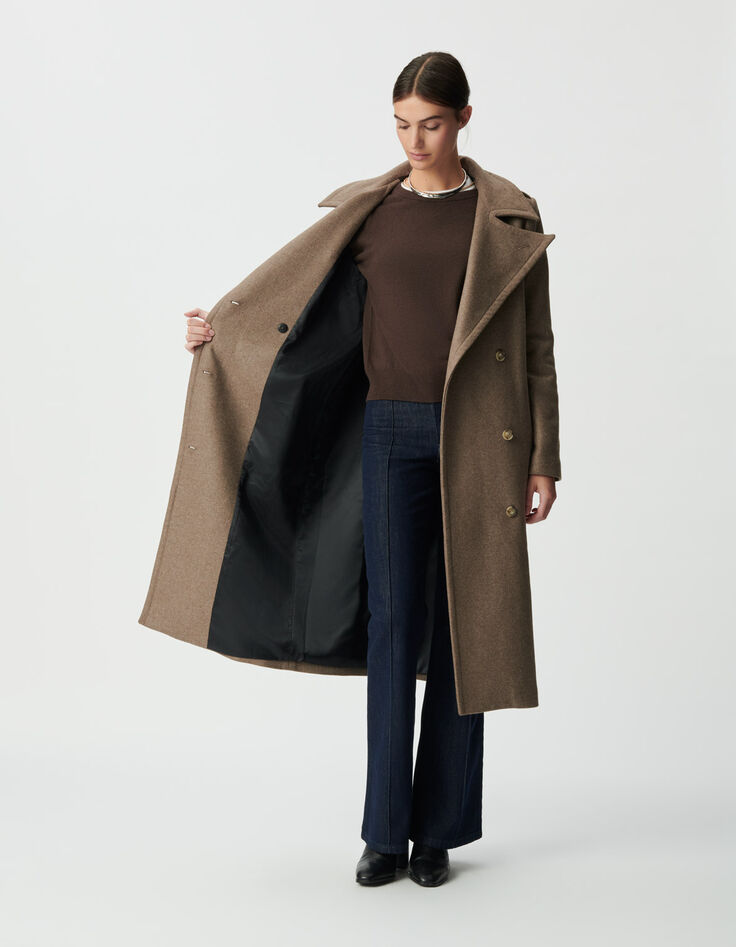 Manteau long beige lainage esprit caban ceinturé Femme IKKS