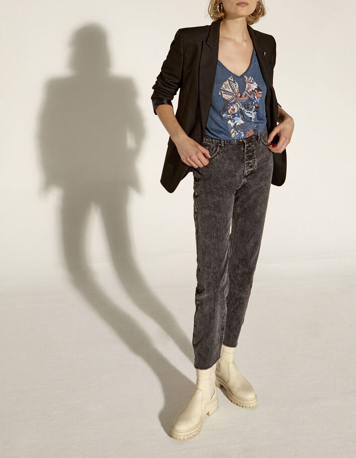 Tee-shirt en lin bleu gitane visuel tête de mort femme