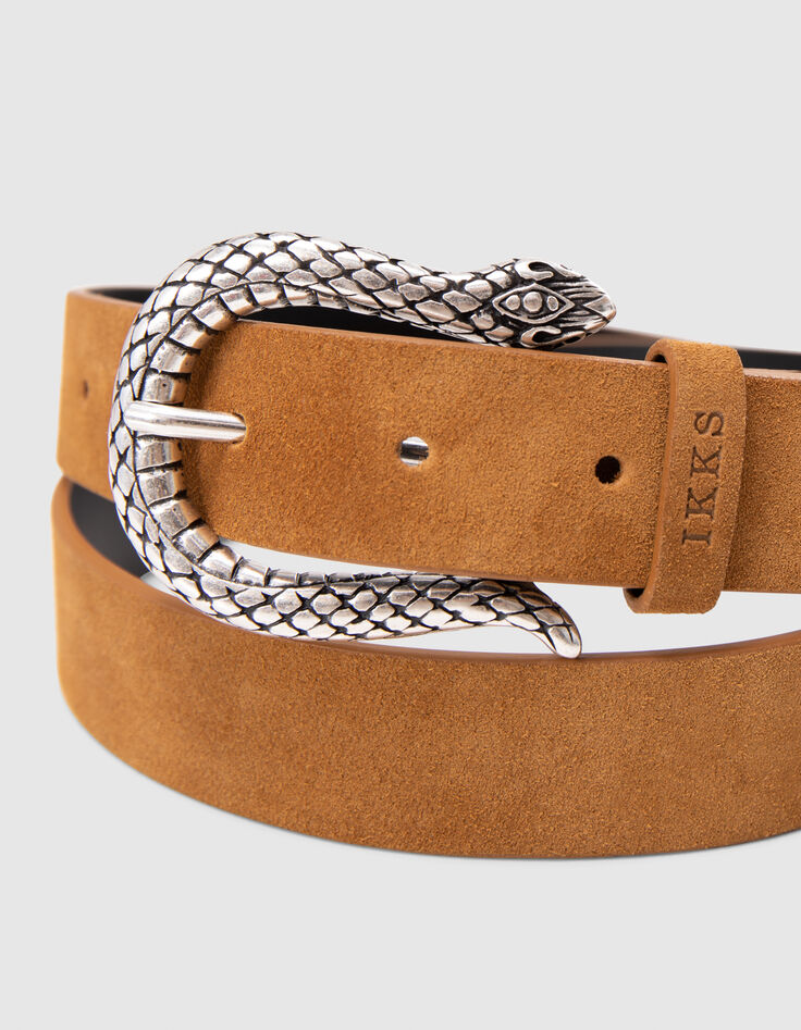 Women's beige suede belt with engraved python buckle IKKS