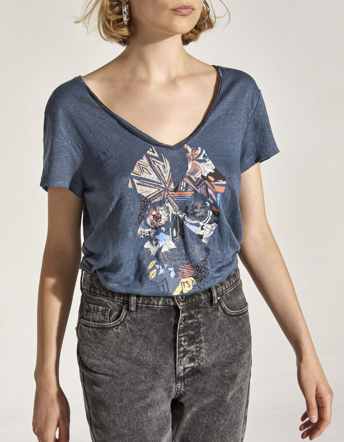Tee-shirt en lin bleu gitane visuel tête de mort femme