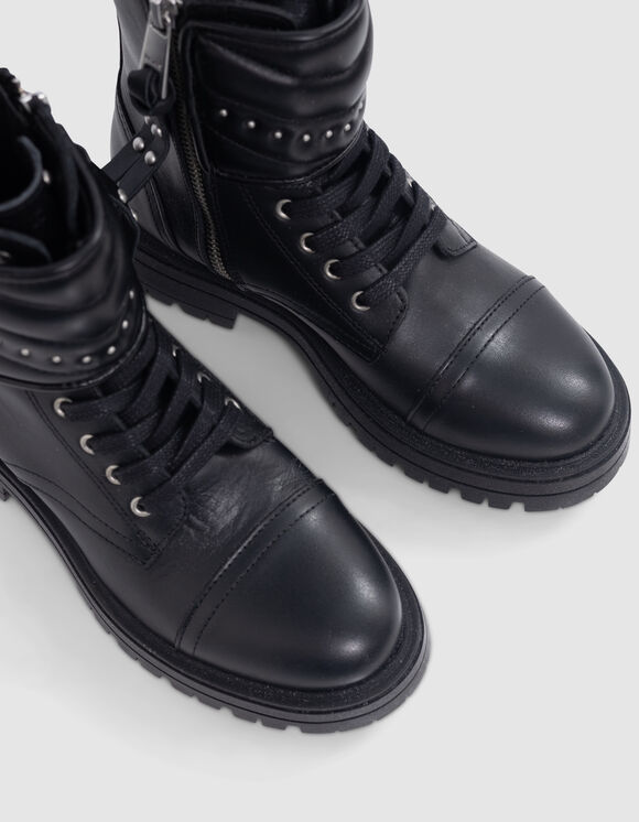 Girls’ black Leather story studded leather combat boots