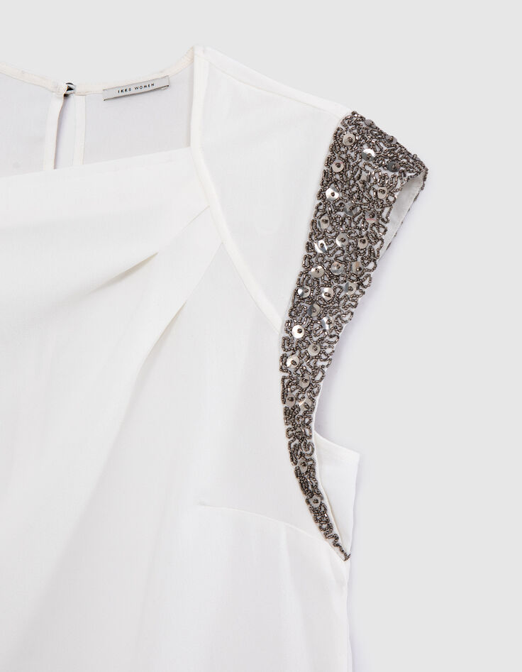Weiß Damen-Top Perlen- und Pailletten an den Ärmeln