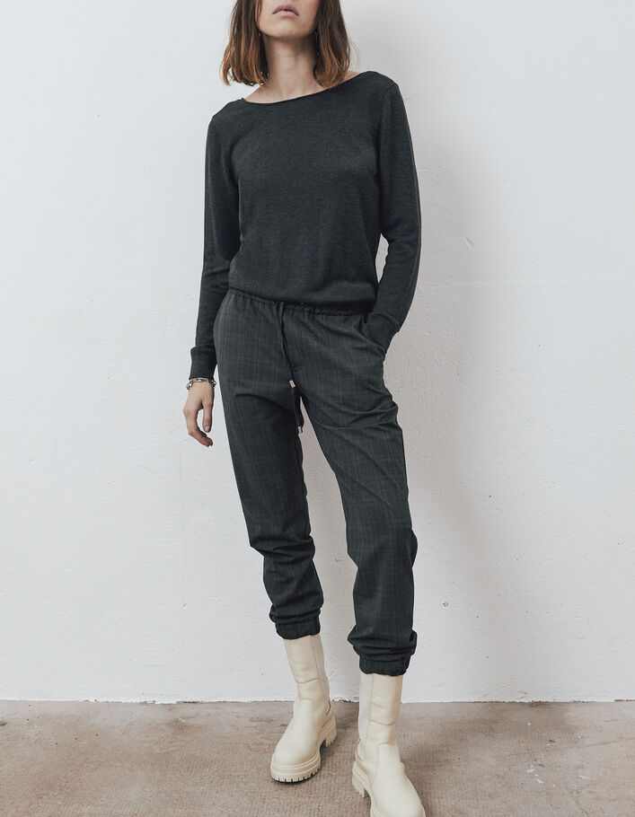 Women’s dark grey sweater with black lace neckline