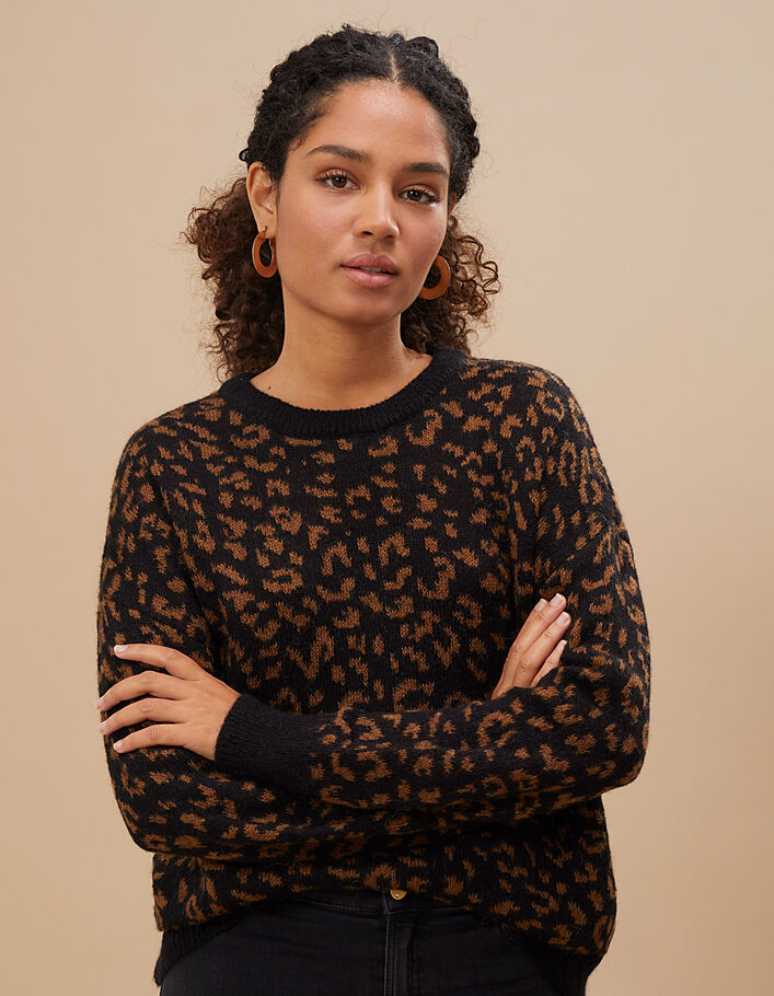 Pull noir tricot jacquard motif léopard I.Code