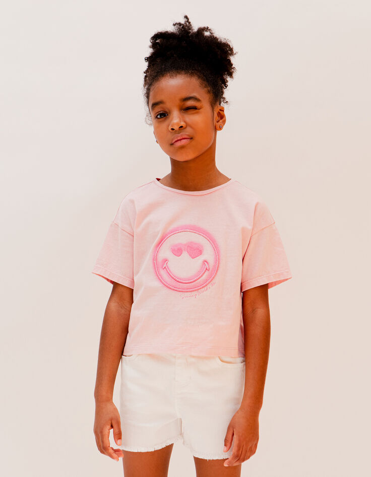 Girls’ pink T-shirt with SMILEYWORLD embroidery IKKS