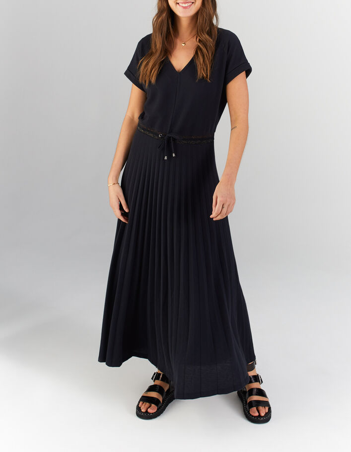 Robe longue marine maille nid d'abeille plissée I.Code