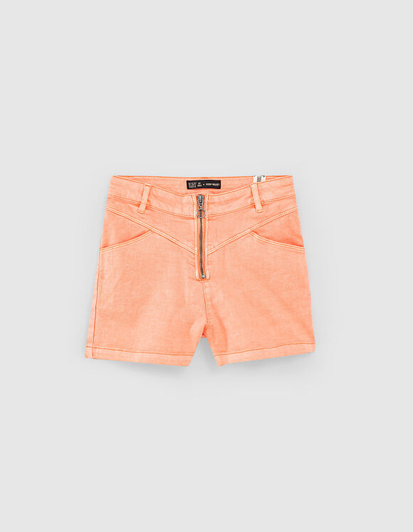 Short en jean corail fluo zippé à taille haute fille