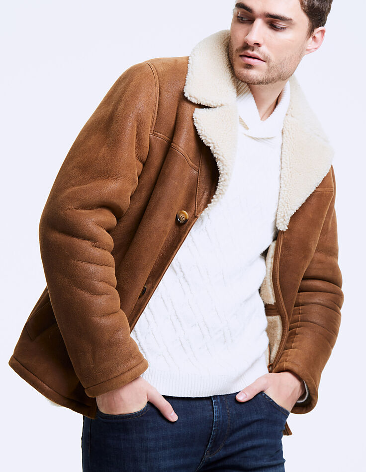 Veste cognac en peau lainée Homme