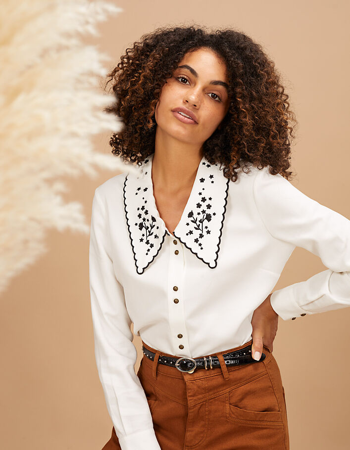 I.Code off-white shirt with black wide embroidered collar