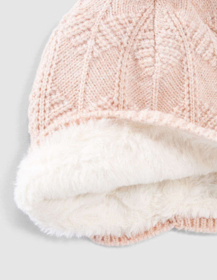 Bonnet rose pâle tricot pailleté fourré fille