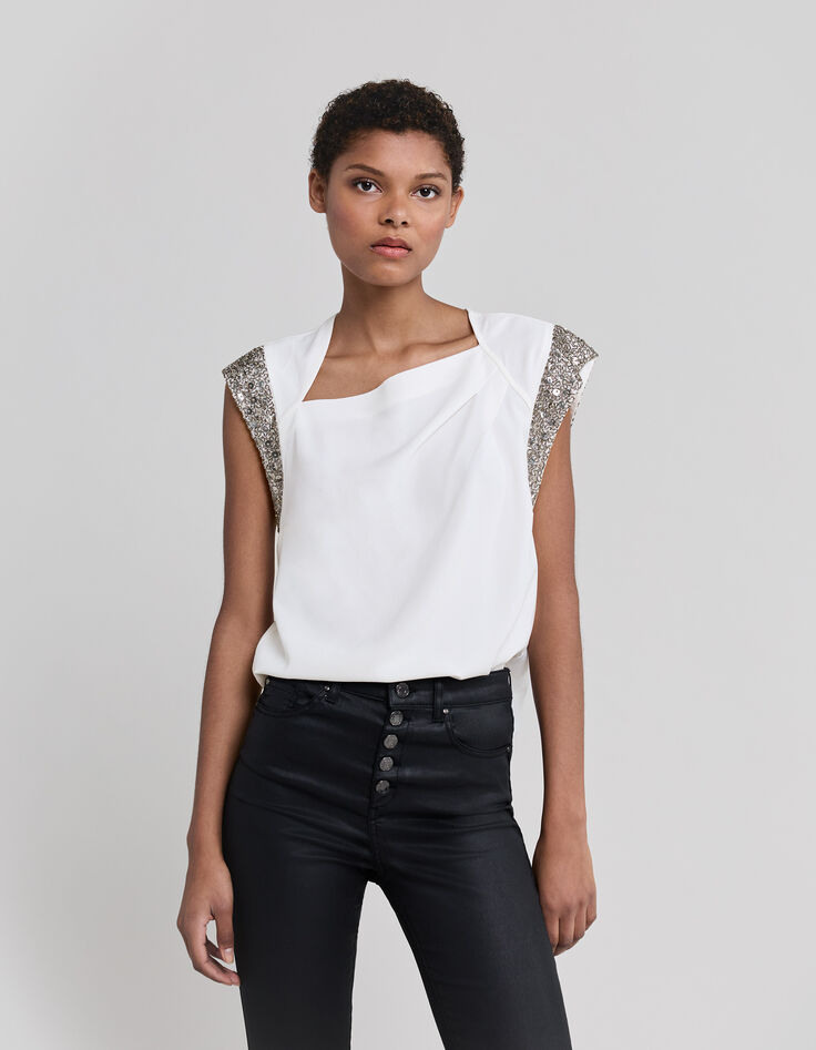 Weiß Damen-Top Perlen- und Pailletten an den Ärmeln