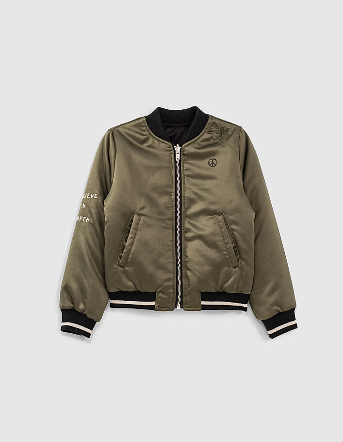 Girls’ embroidered khaki/black reversible bomber jacket