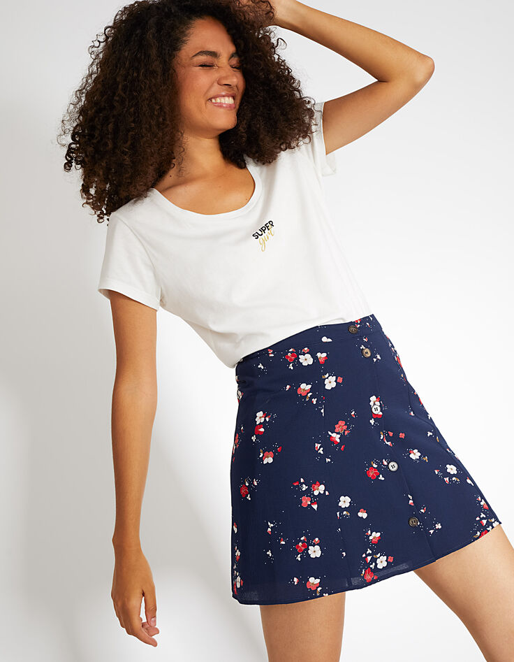 Falda trapecio azul marino estampado Floral Preppy I.Code