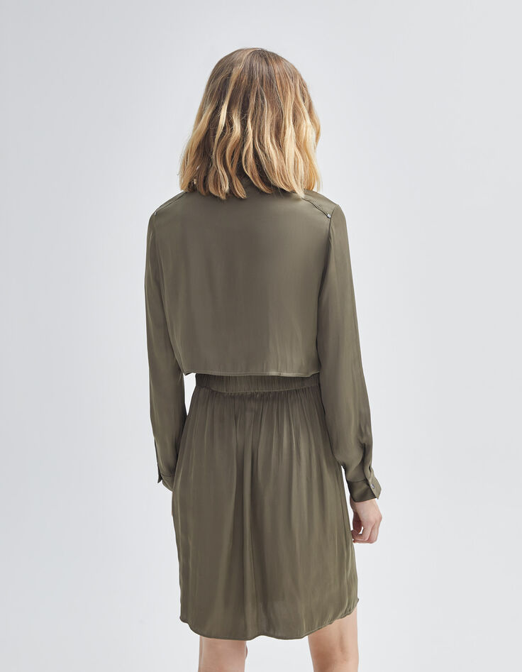 Robe kaki satinée recyclée avec bavolet dos Femme