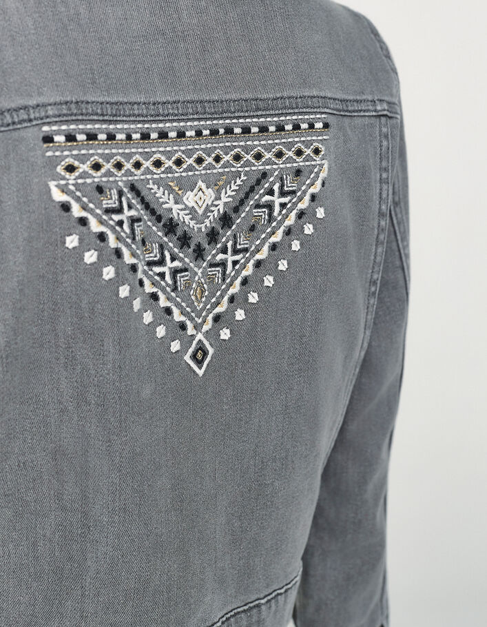 Women’s grey denim jacket embroidered on back