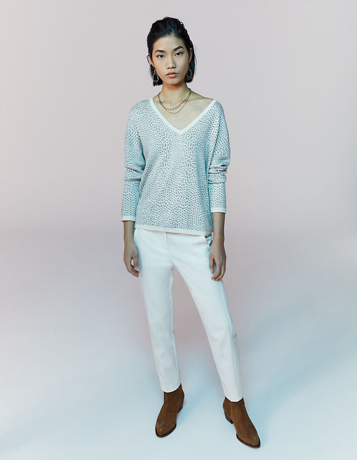 Women’s ecru + metallic fibre python motif V-neck sweater