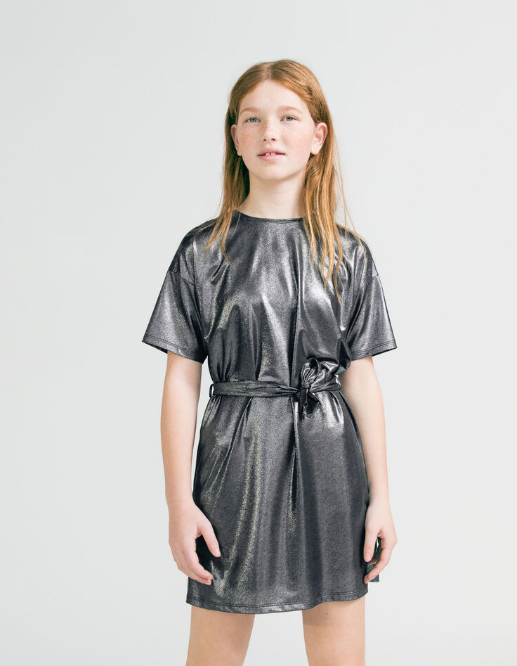 Girls’ silver lamé knit belted dress IKKS