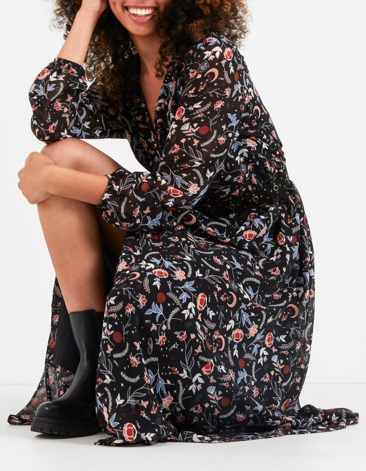 Robe longue noire imprimé fleurs indiennes I.Code