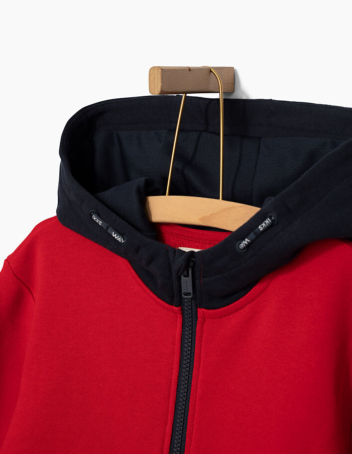 Boys' medium red cardigan with navy hood