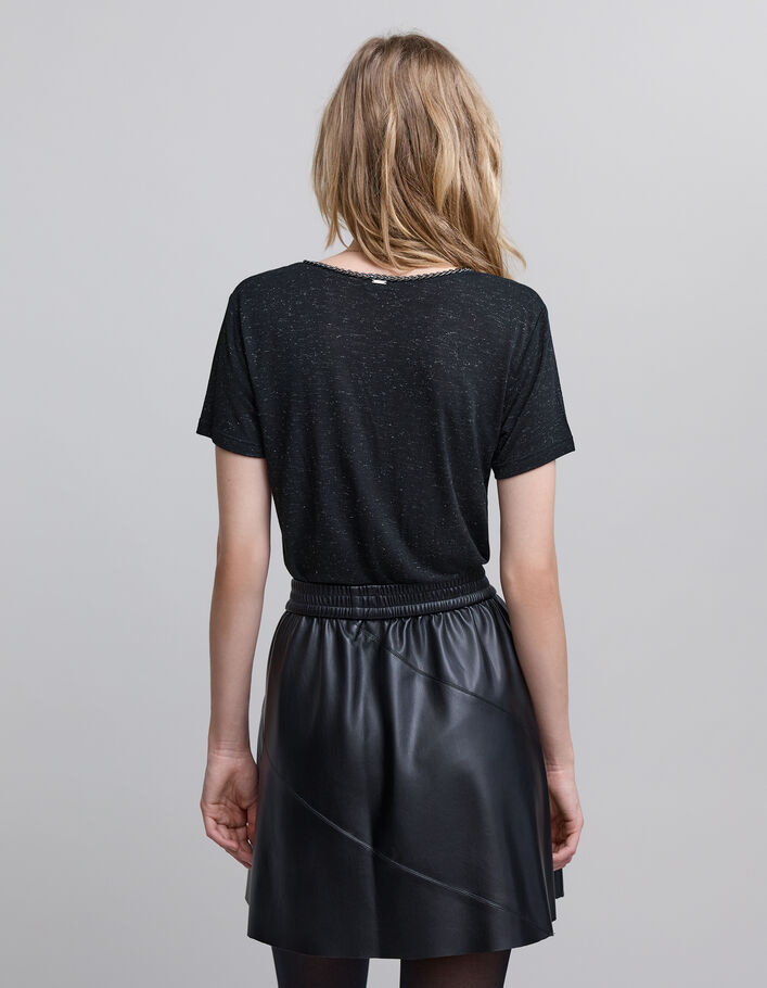 Tee-shirt noir lurex encolure V bijou Femme