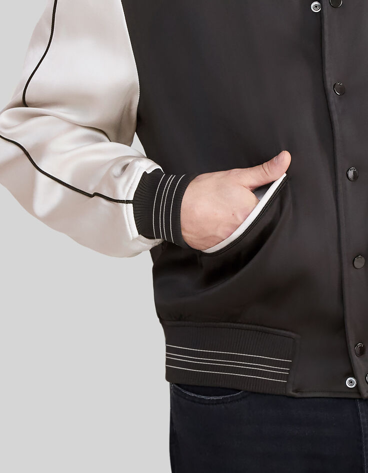 Men’s black two-tone varsity jacket with embroidery