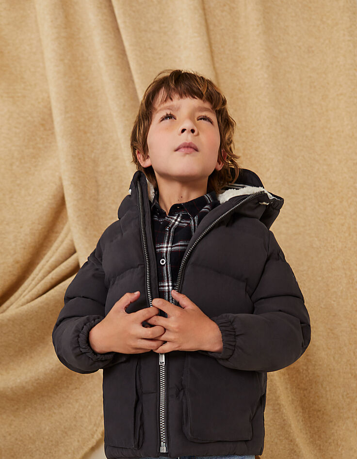 Boys’ charcoal fur-lined padded jacket with visor-hood IKKS