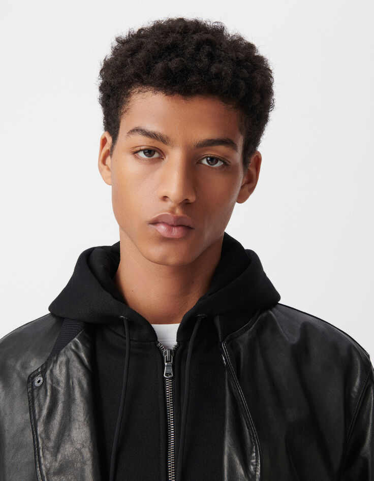 Men’s black leather bomber jacket with detachable facing IKKS