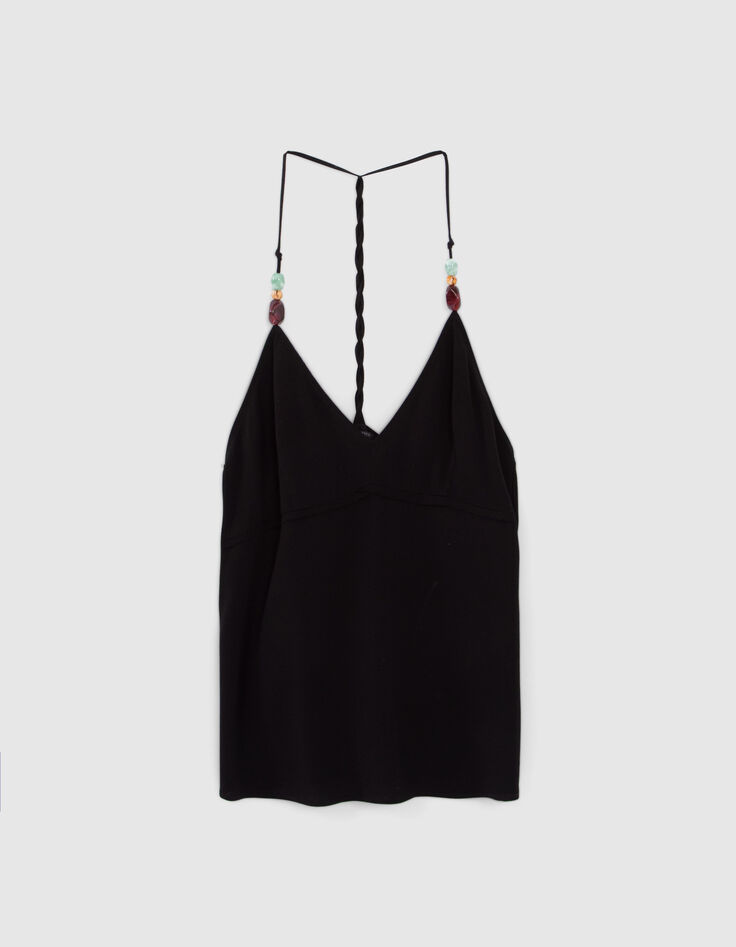 Schwarzes Damentop aus Ecovero™ mit Trägern und Perlen