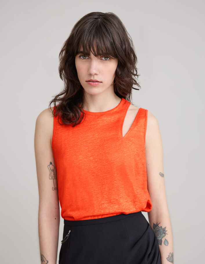 Women's iridescent linen knit asymmetrical melon tee-shirt